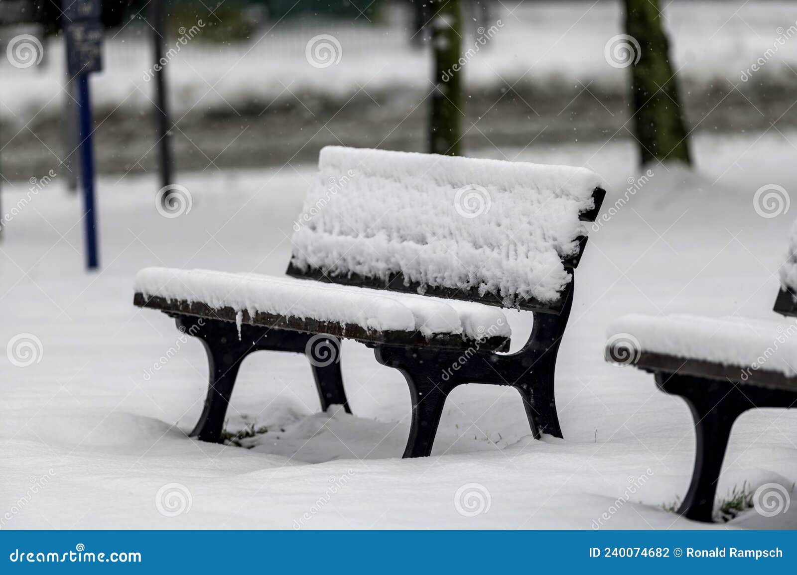Snowy Park Bench with Light Snowfall Stock Photo - Image of landscape ...