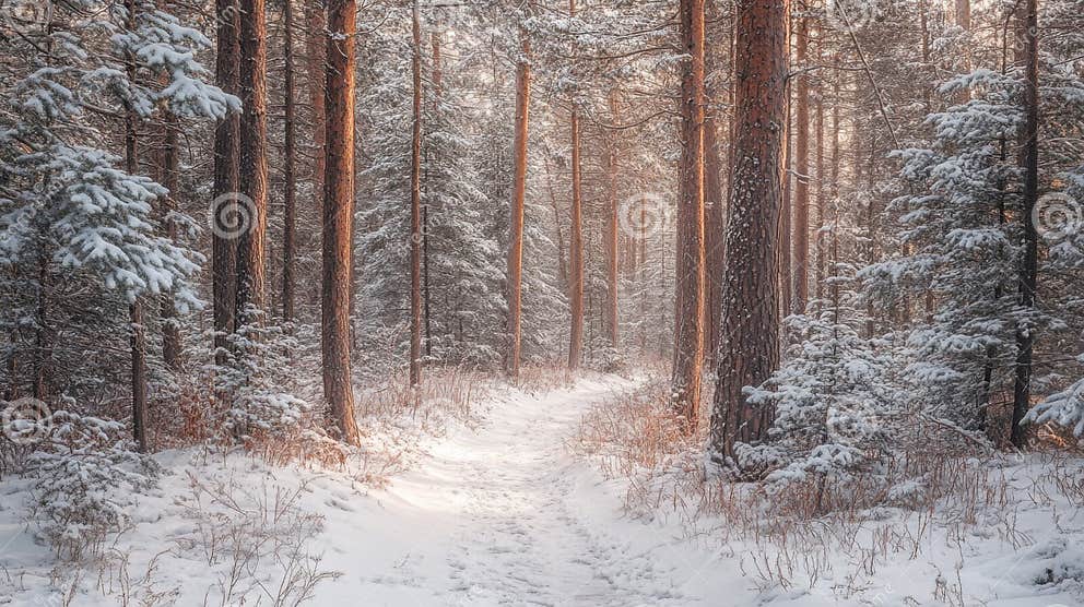 Snowy Path through a Dense Pine Forest Stock Illustration ...