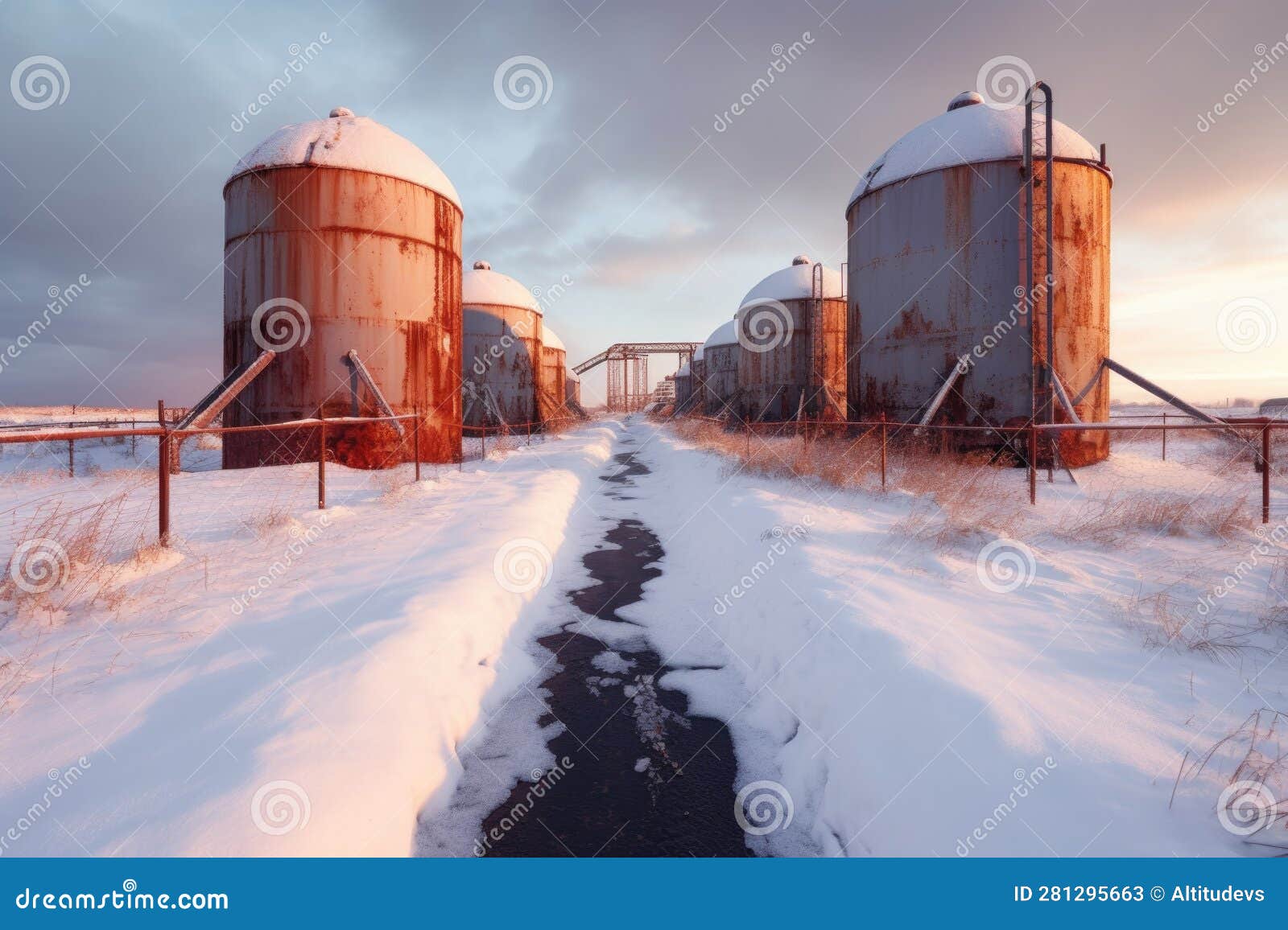 Snowy Path Leading To Empty Fuel Storage Tanks Stock Illustration ...