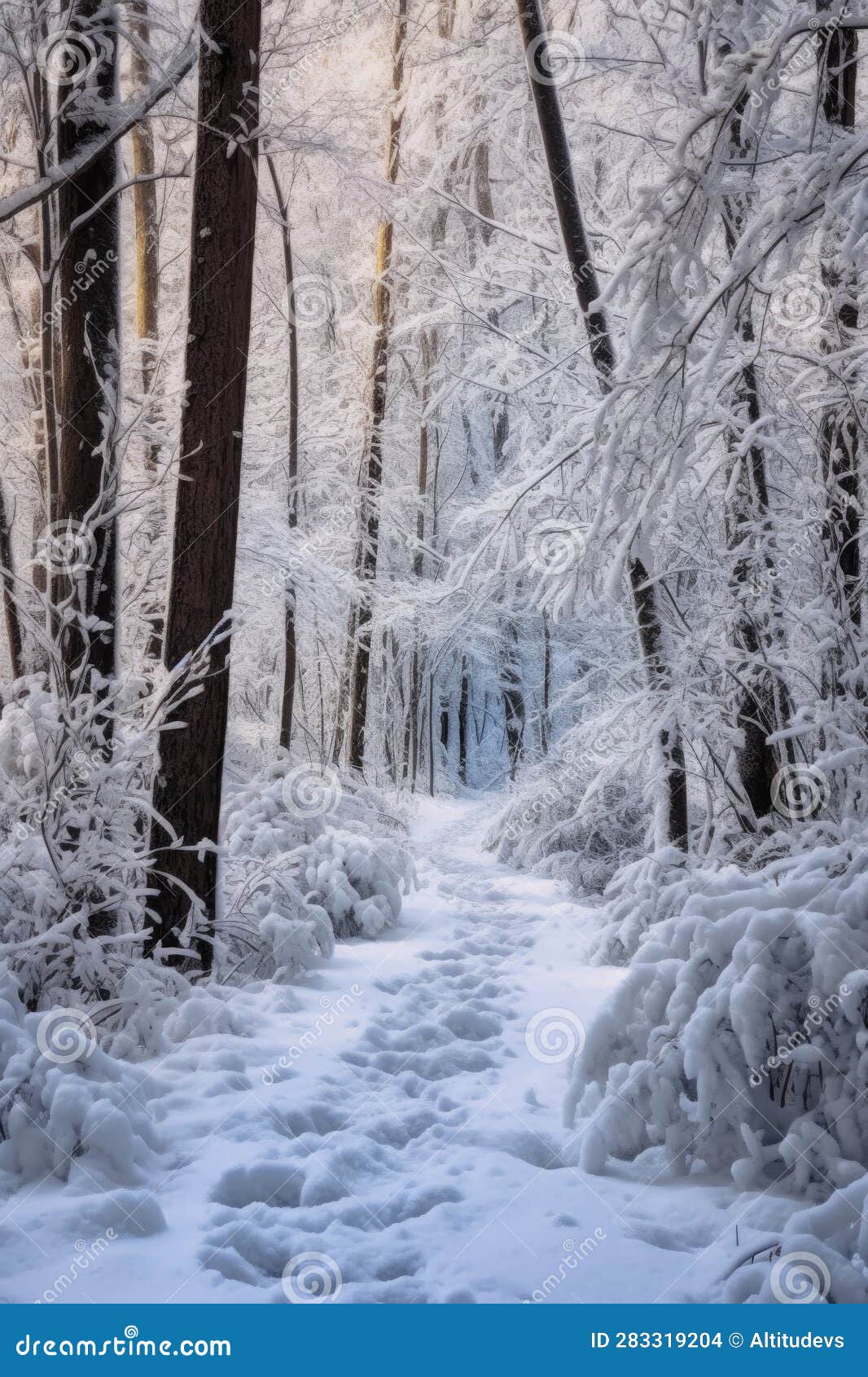 Snowy Path through a Peaceful Forest Stock Illustration - Illustration ...