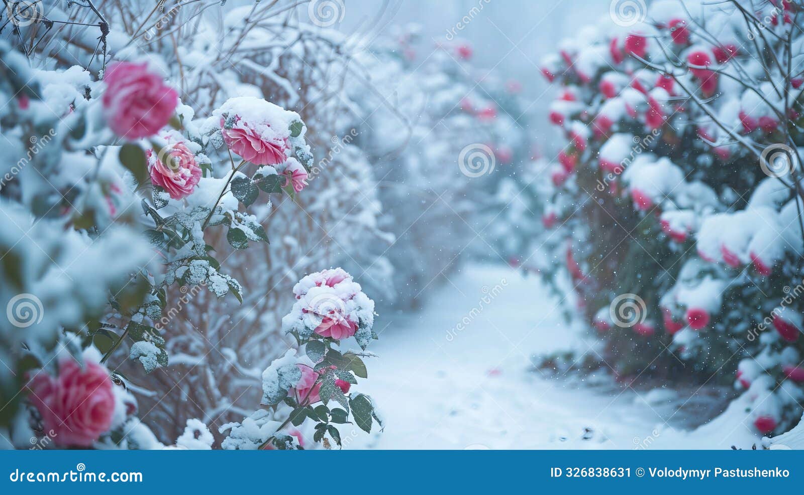 A Snowy Path with Pink Roses and Bushes Stock Image - Image of blanket ...