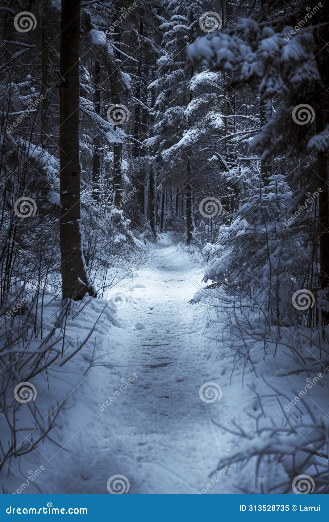 A Snowy Path Winds through a Dark, Serene Forest, Illuminated by a ...