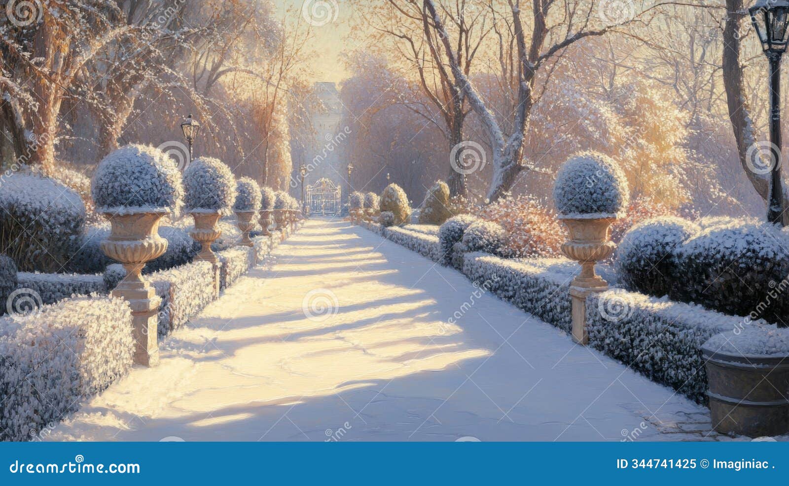 A Snowy Pathway through a Garden with Ornate Vases Stock Illustration ...
