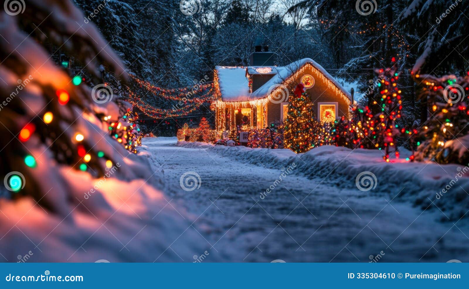 Snowy Pathway Leading To a Christmas-Lit House Stock Illustration ...