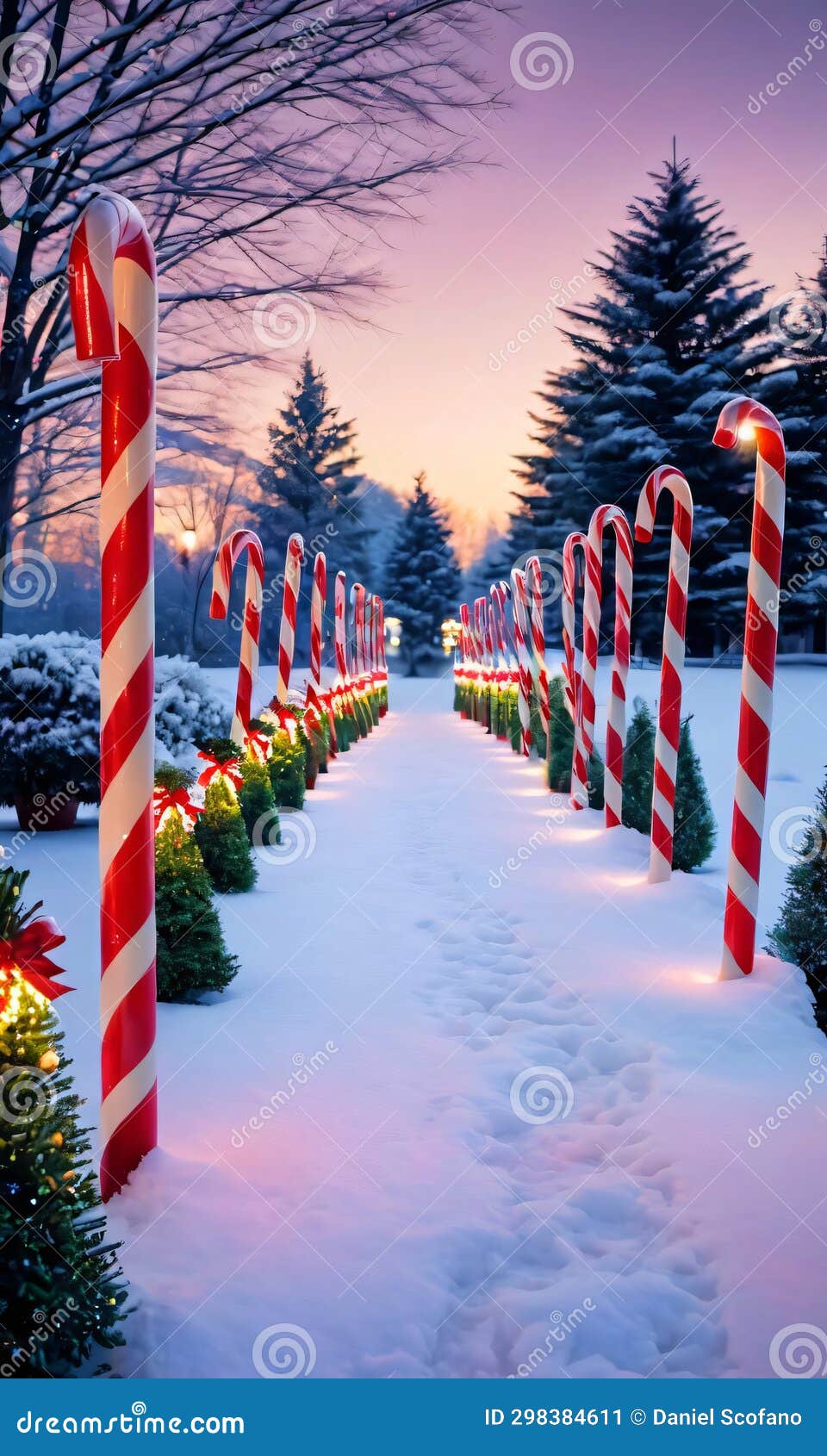A Snowy Pathway Lined with Lighted Candy Cane Decorations at Daw ...