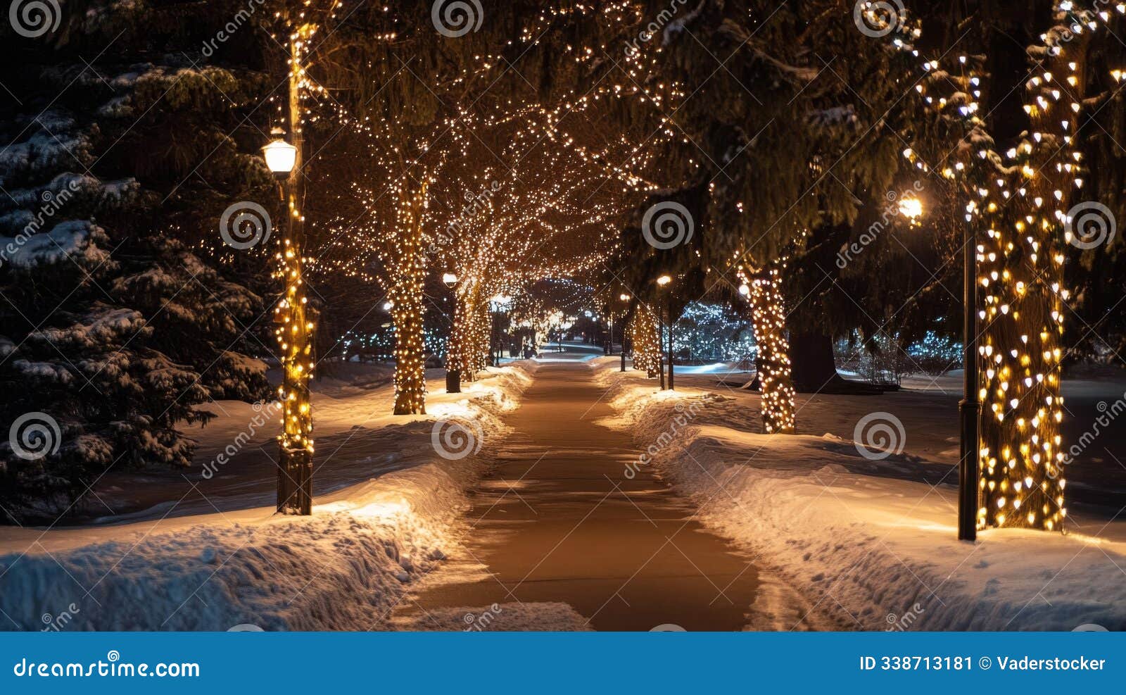 Snowy Pathway Lined with String Lights and Trees Stock Illustration ...