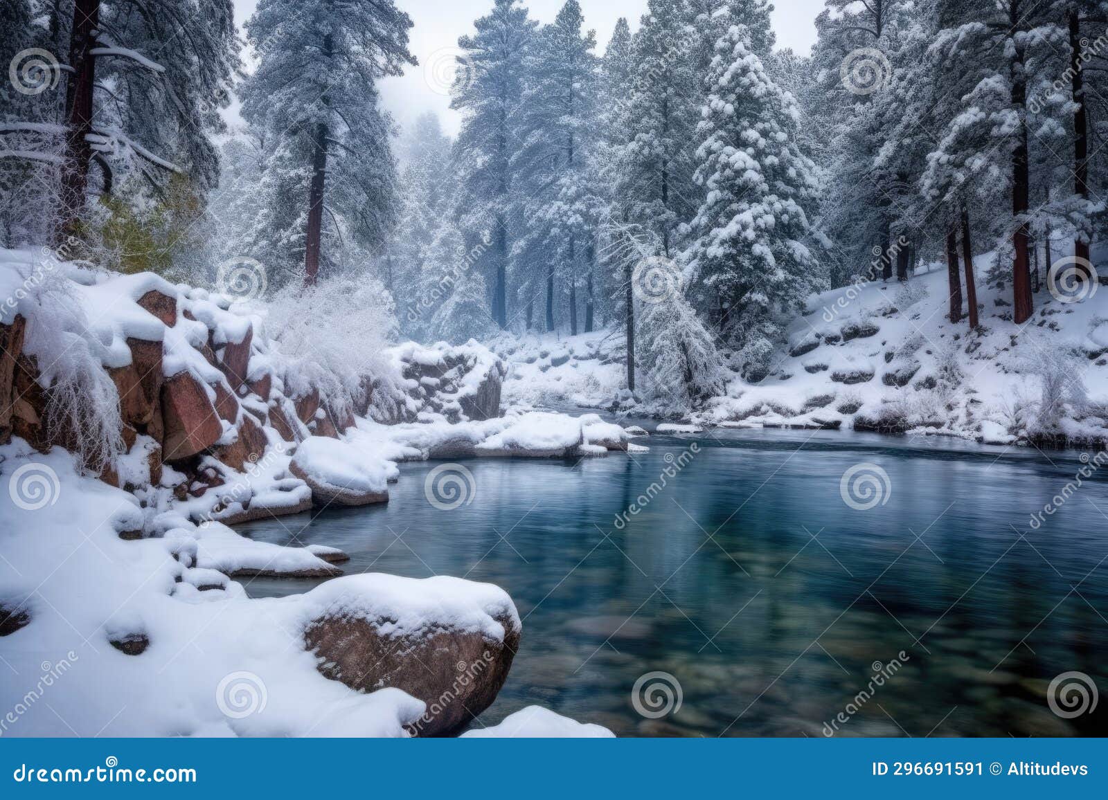 Snowy Pine Tree Branches Overhanging a Steaming Hot Spring Stock Image ...