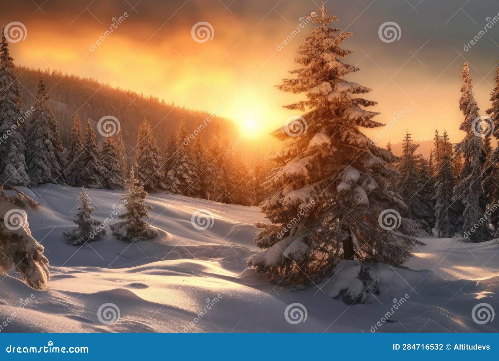 Snowy Pine Tree Landscape during Golden Hour Stock Photo - Image of ...