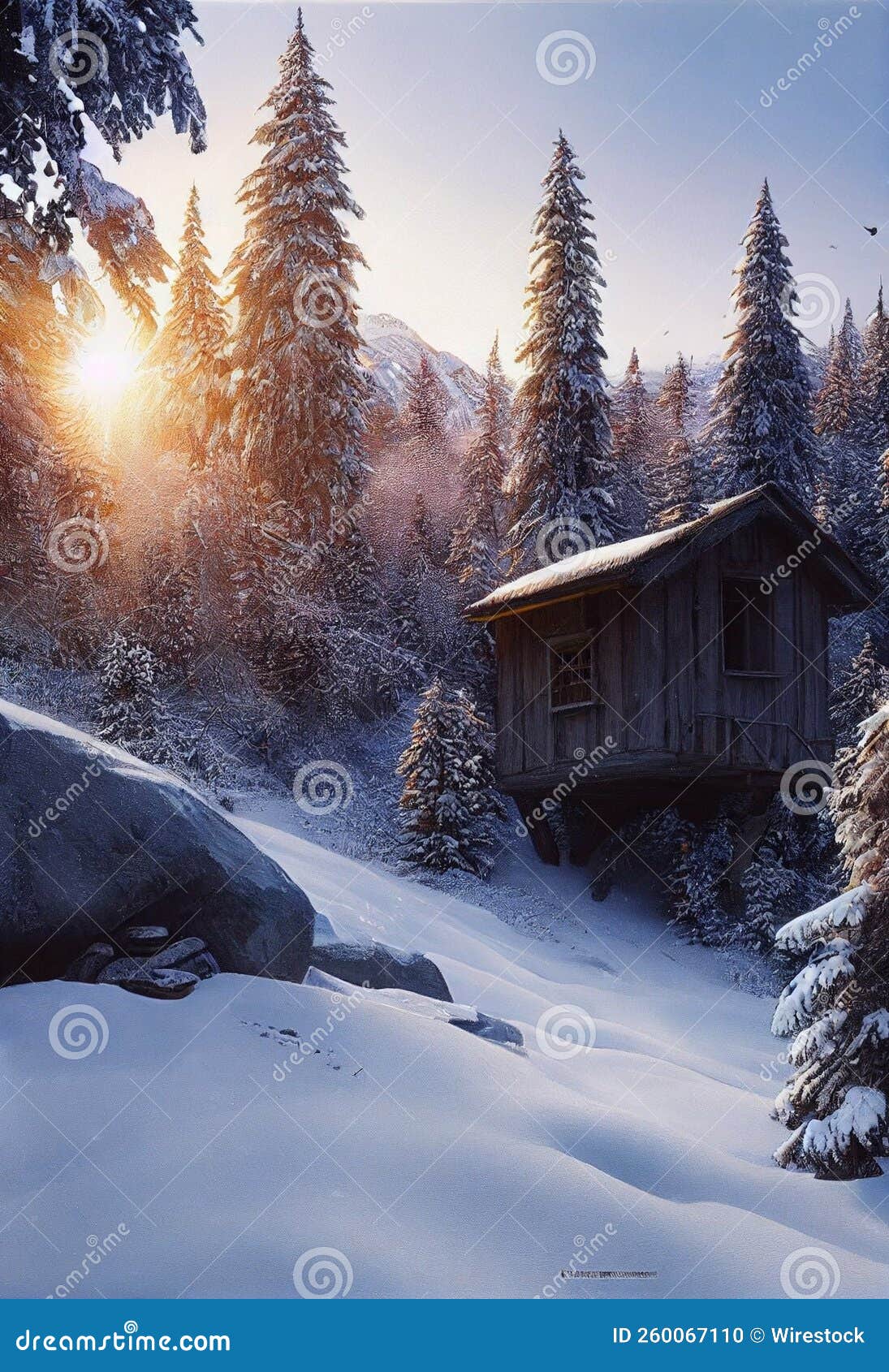 Snowy Place with a Small Hut and Trees Around Stock Photo - Image of ...