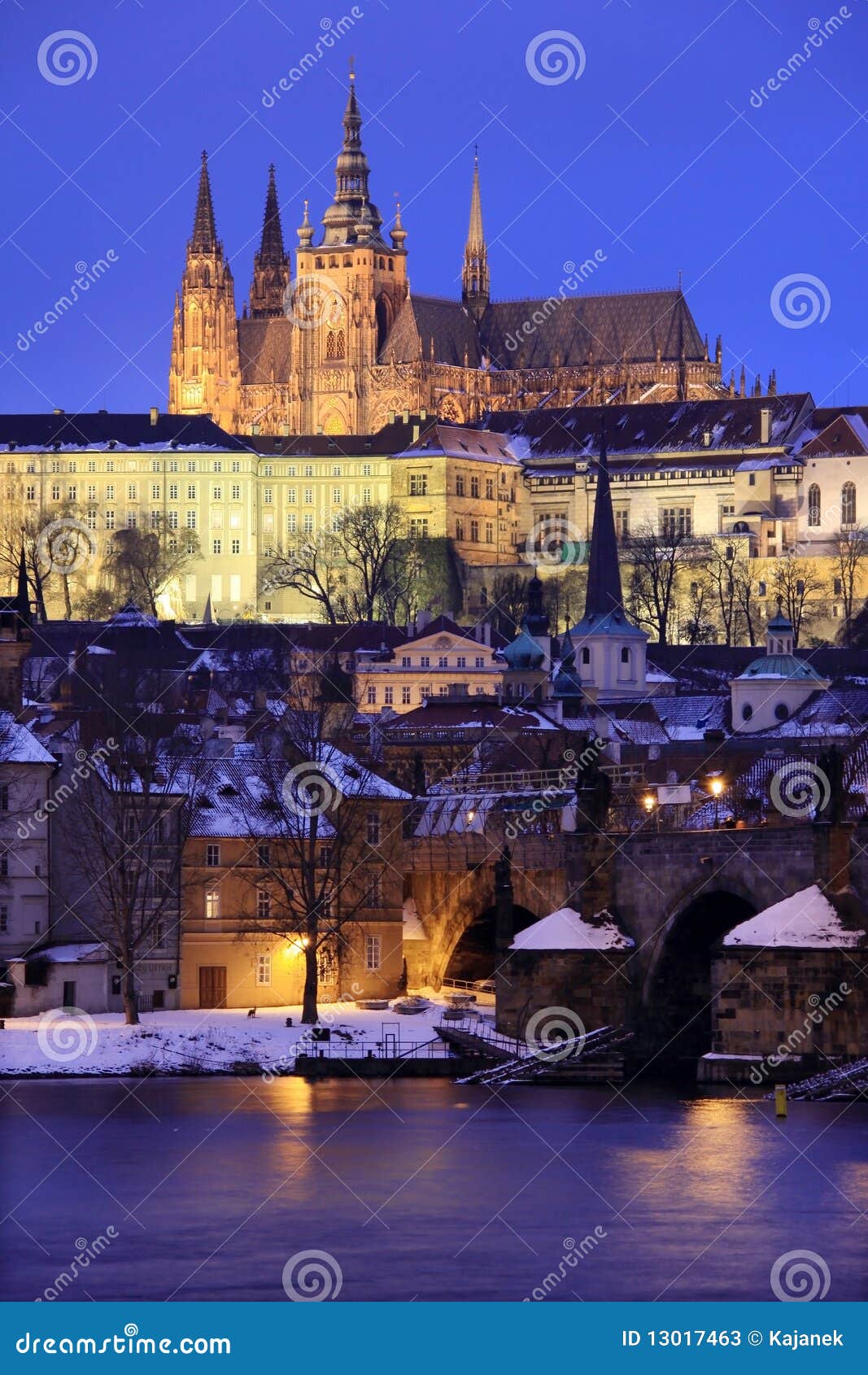 Snowy Prague Gothic Castle in the Night Stock Image - Image of blue ...