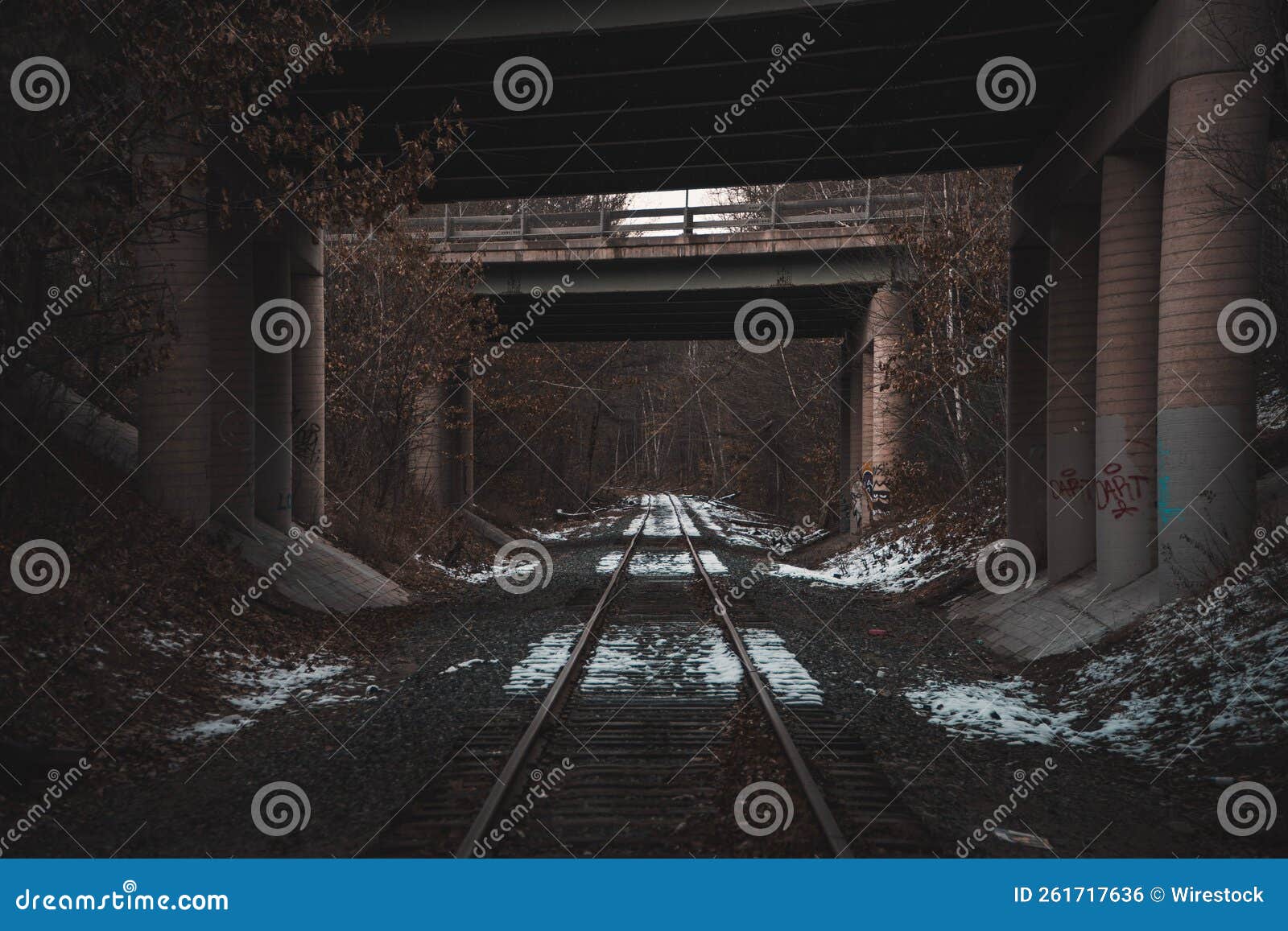 Snowy Railway Trails Under the Bridge in the Weathered Forest Stock ...