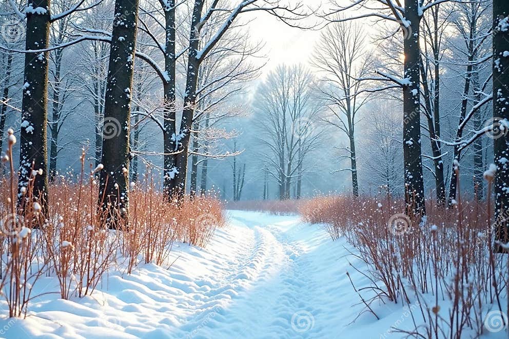 Snowy Reed Forest with Bare Branches and White Snowfall Cold Reed Stock ...