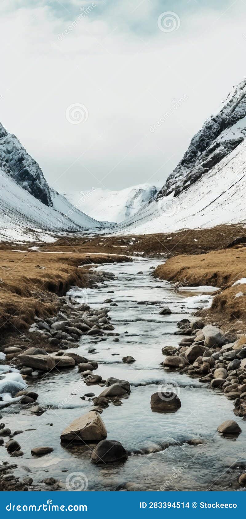 Snowy River in Post-apocalyptic Style Mountains Stock Illustration ...