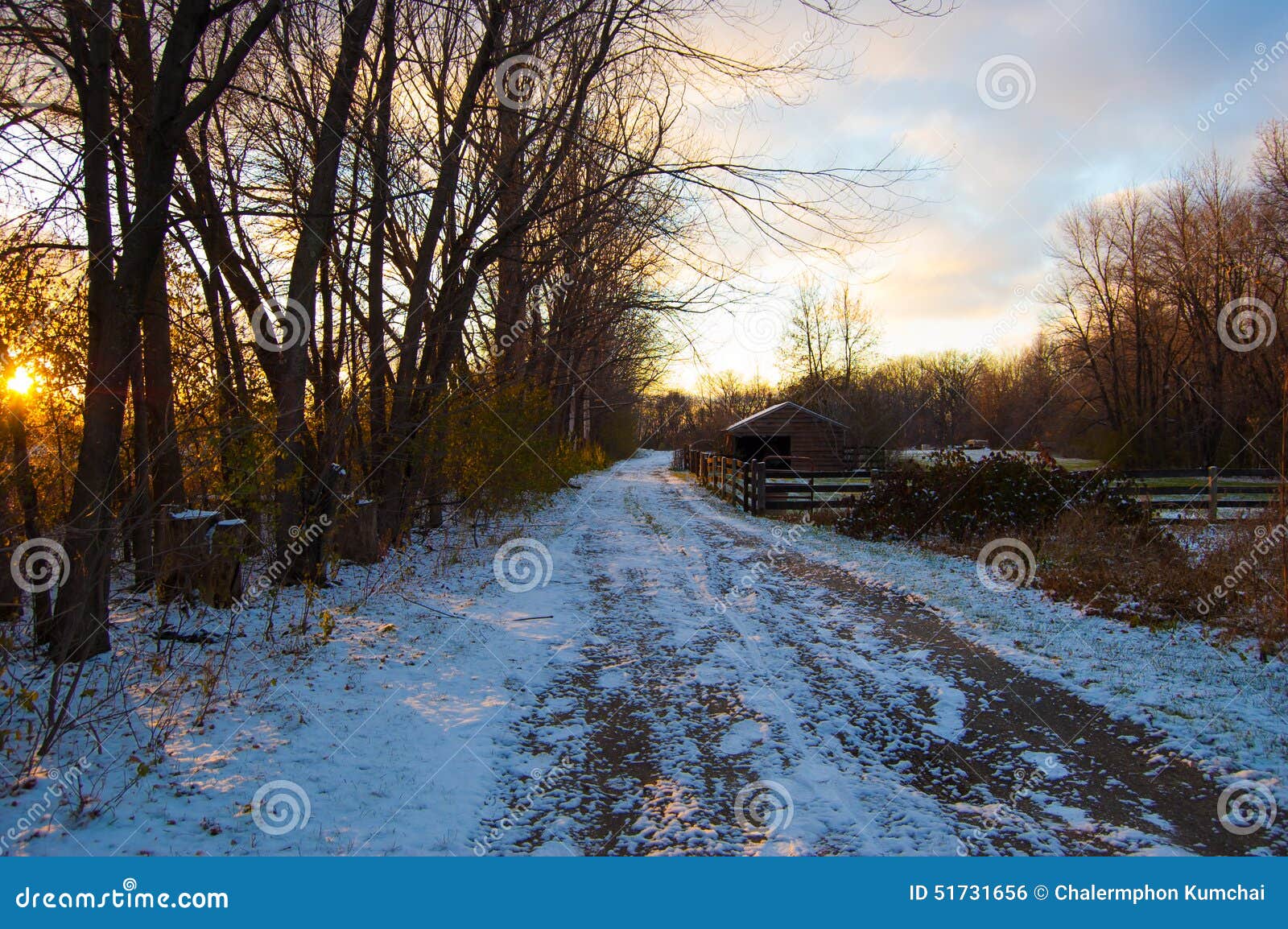 Snowy road at sunset stock photo. Image of nature, background - 51731656