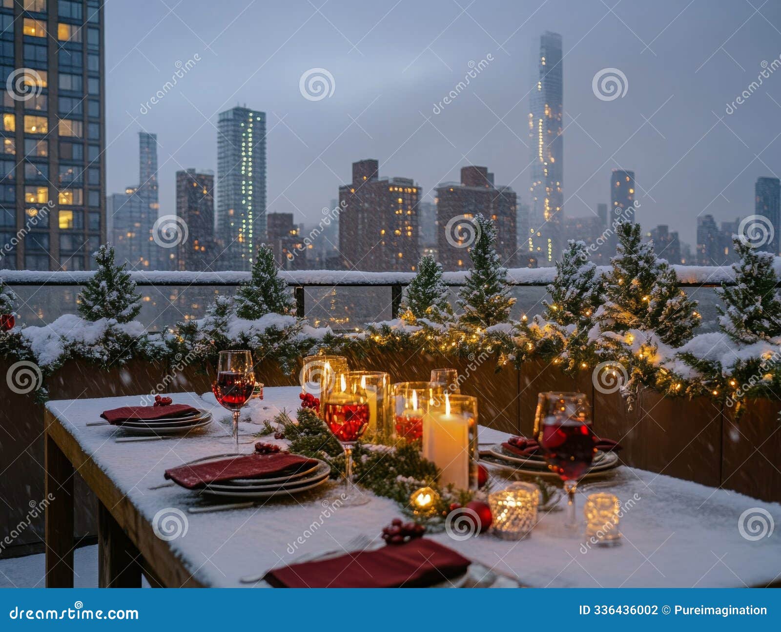 Snowy Rooftop Dinner Setting with Cityscape View Stock Illustration ...