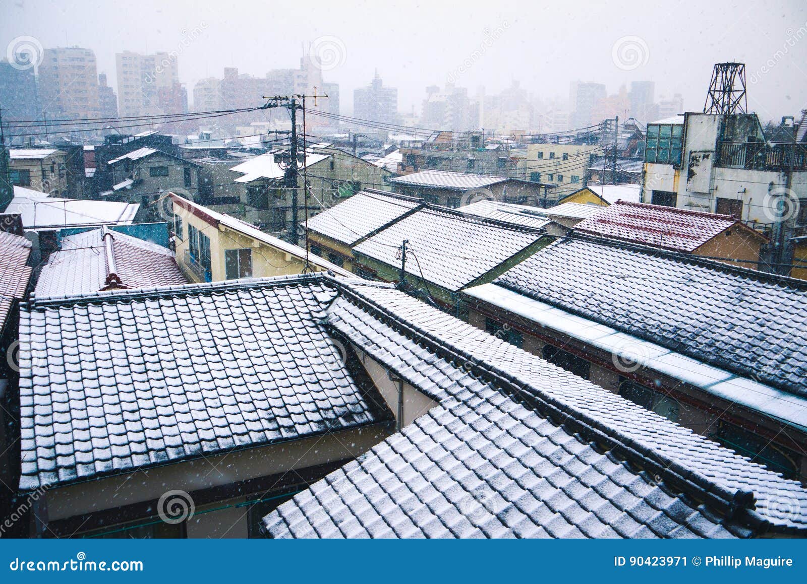 Snowy rooftops in Tokyo stock image. Image of winter - 90423971