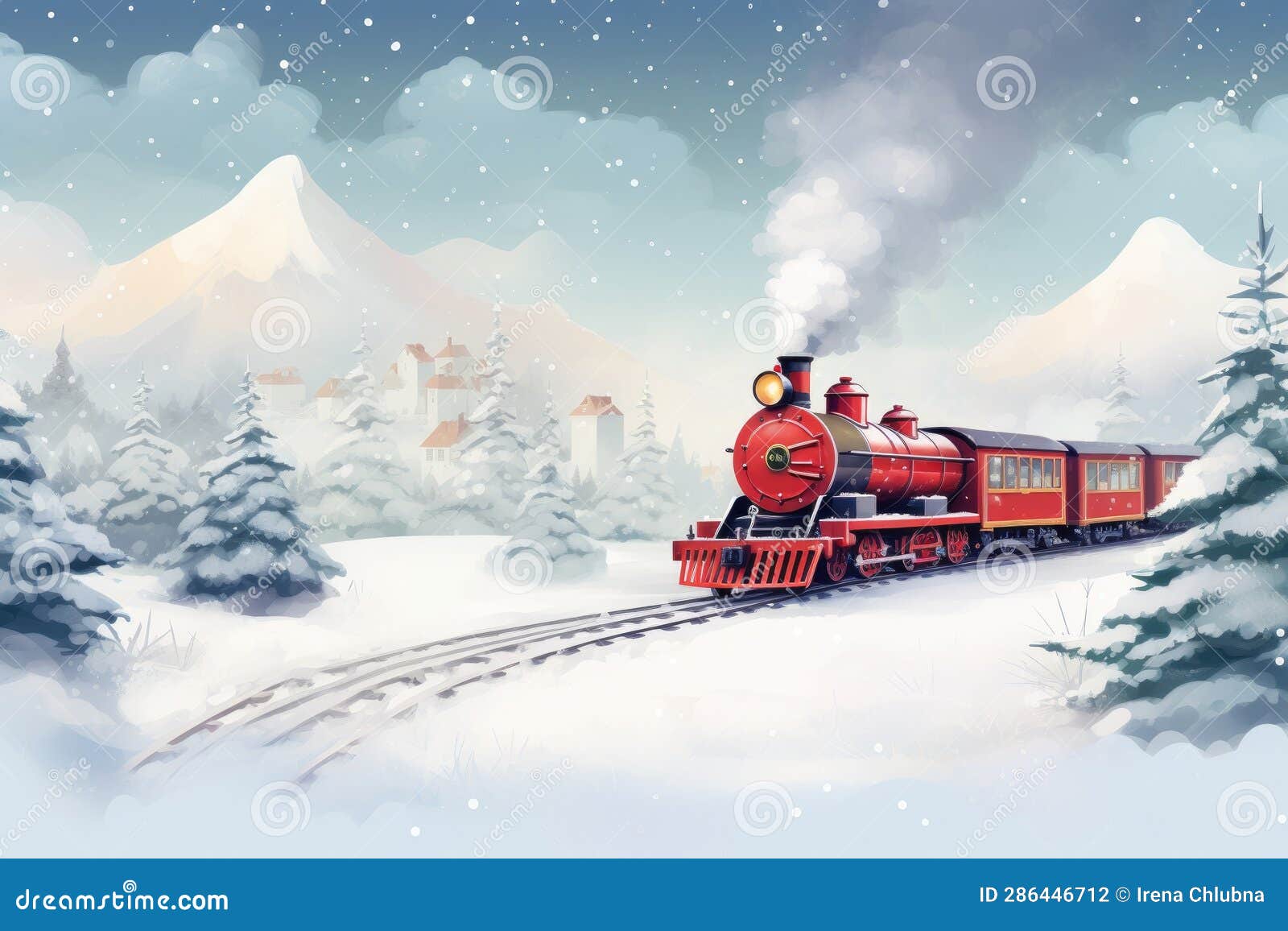 A Snowy Scene with a Train for a Festive Christmas Illustration Stock ...