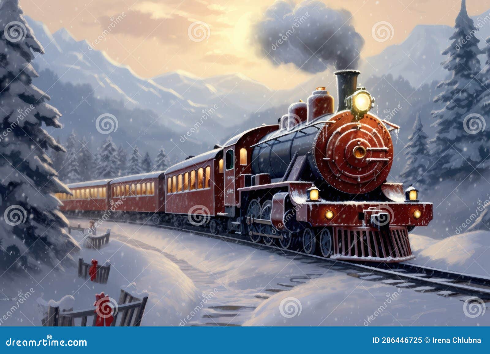A Snowy Scene with a Train for a Festive Christmas Illustration Stock ...