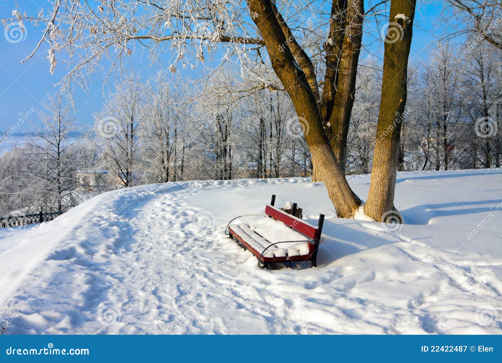 Snowy scenery with bench stock image. Image of icicle - 22422487
