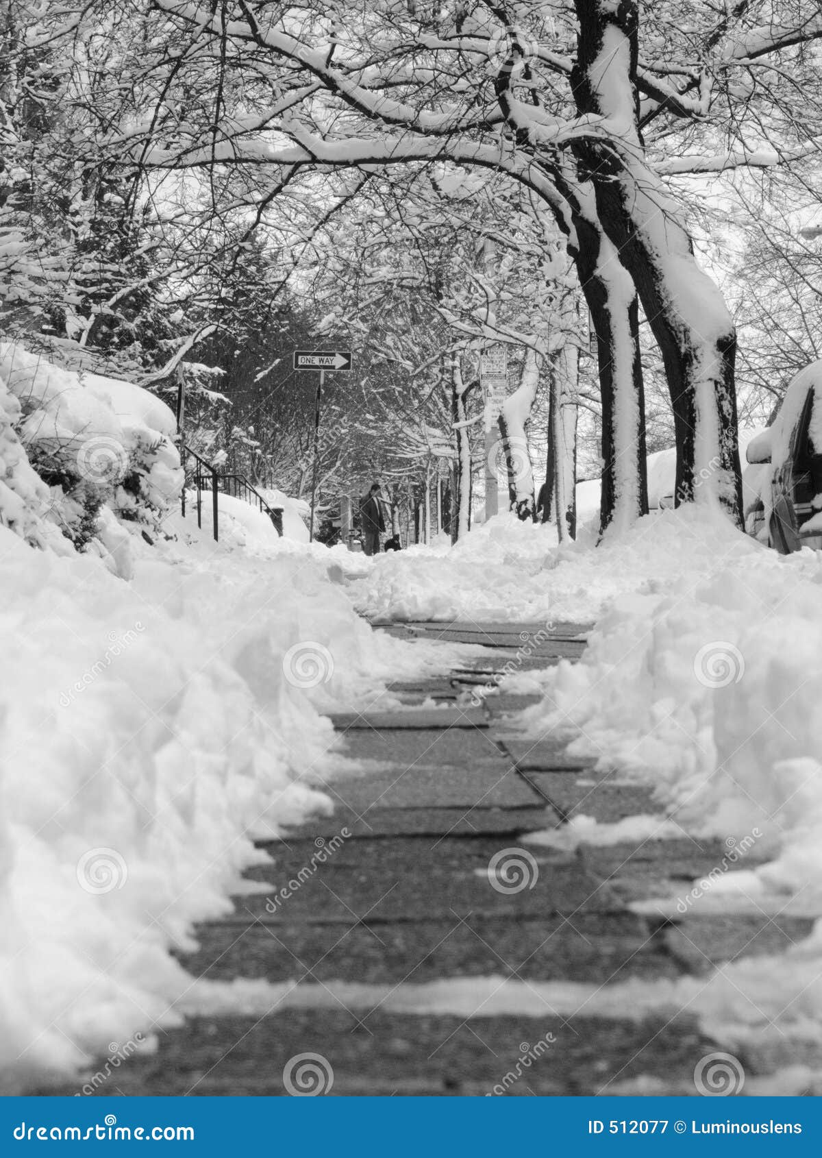 Snowy Sidewalk in Black and White Stock Image - Image of cold ...