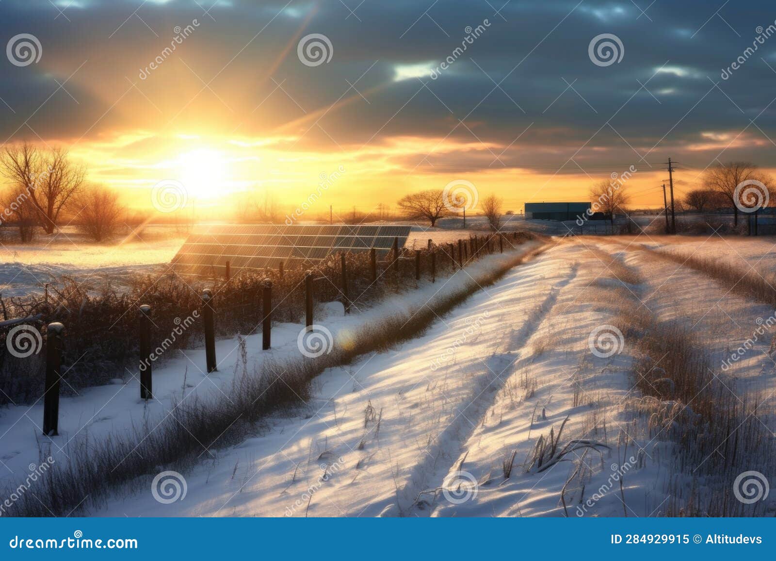 Snowy Solar Farm Landscape with Bright Sun Rays Stock Image - Image of ...