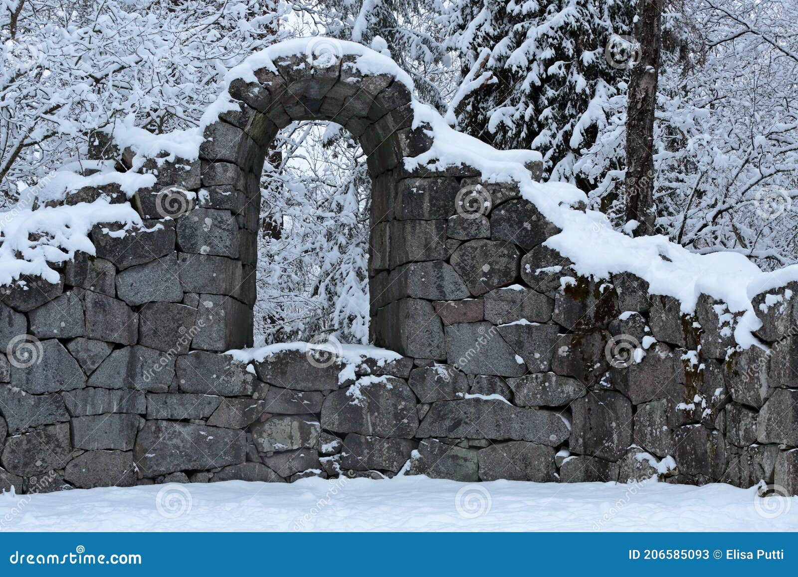 Snowy and Stony Ruins in Woodland Stock Image - Image of tree, trees ...
