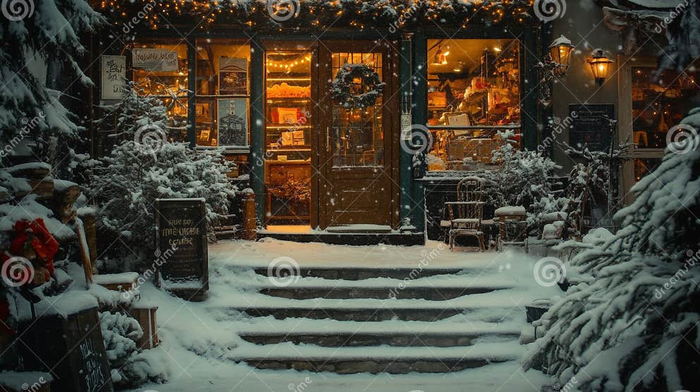 Snowy Storefront with Illuminated Windows and a Single Chair Stock ...