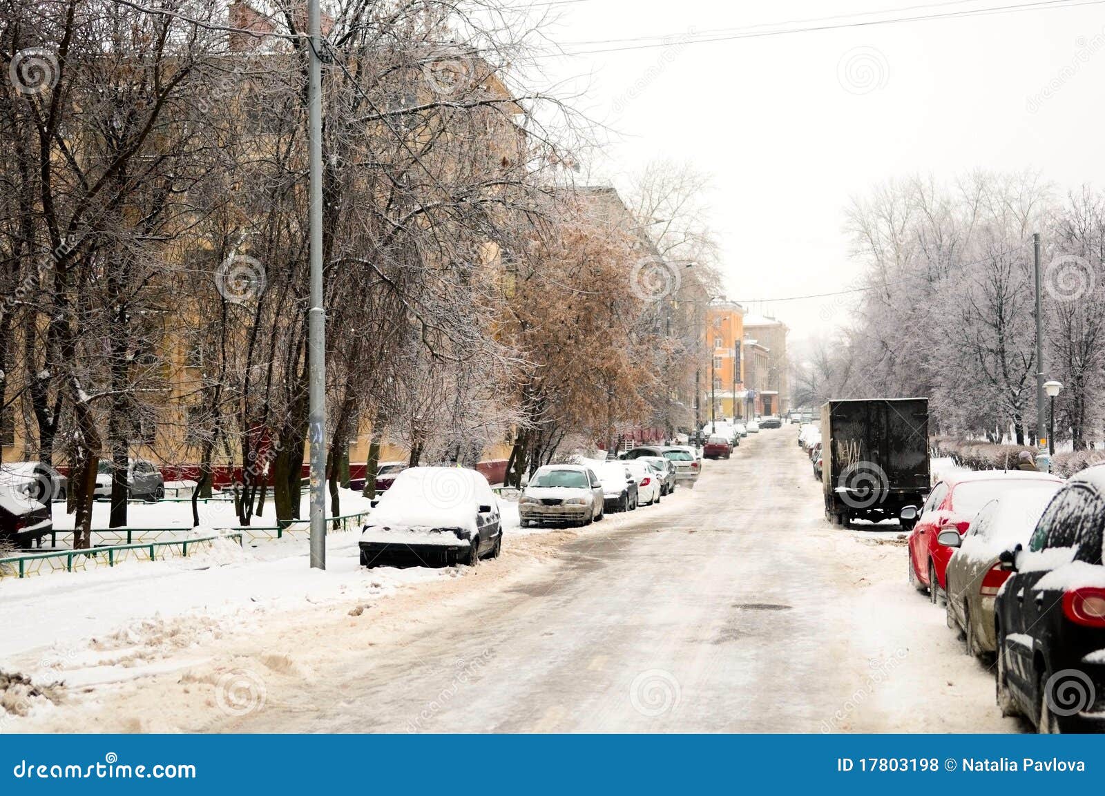 Snowy street stock photo. Image of cars, architecture - 17803198