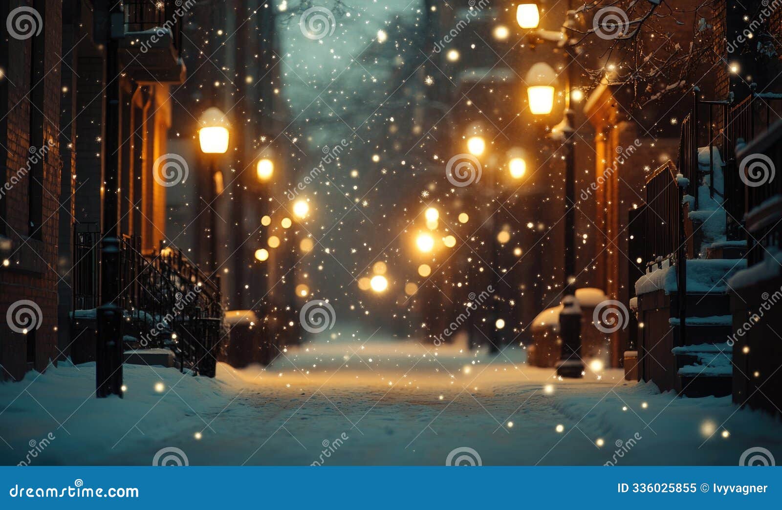 A Snowy Street with a Street Light in the Middle Stock Image - Image of ...