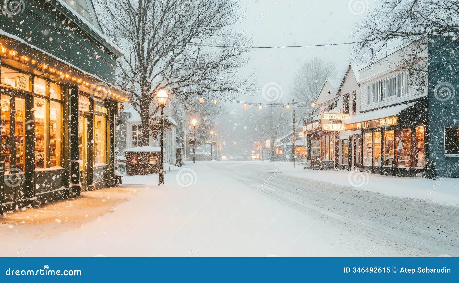 Snowy Street Scene with Shops and Falling Snow Stock Image - Image of ...