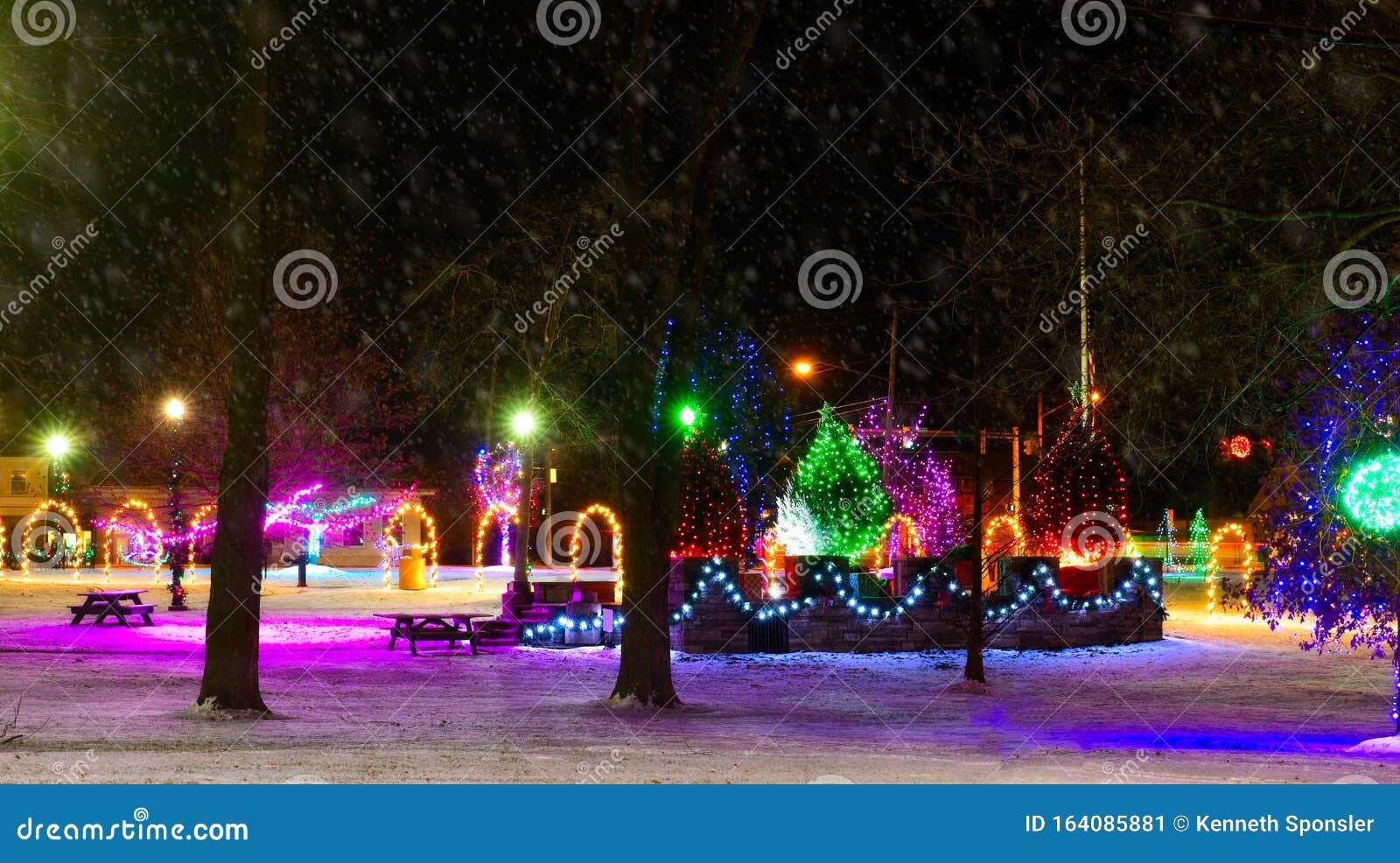 Snowy Town Square Christmas Display Stock Image - Image of glow ...