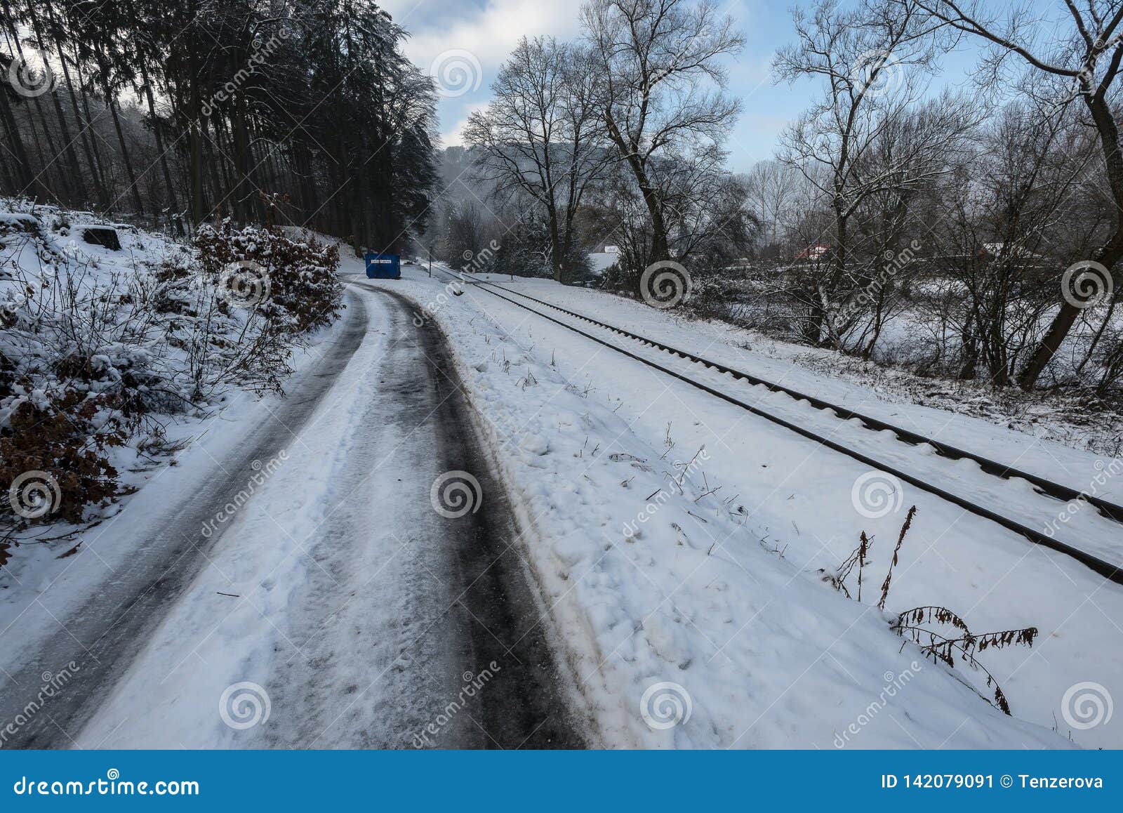 Snowy Train Tracks Leading through the Forest Stock Image - Image of ...