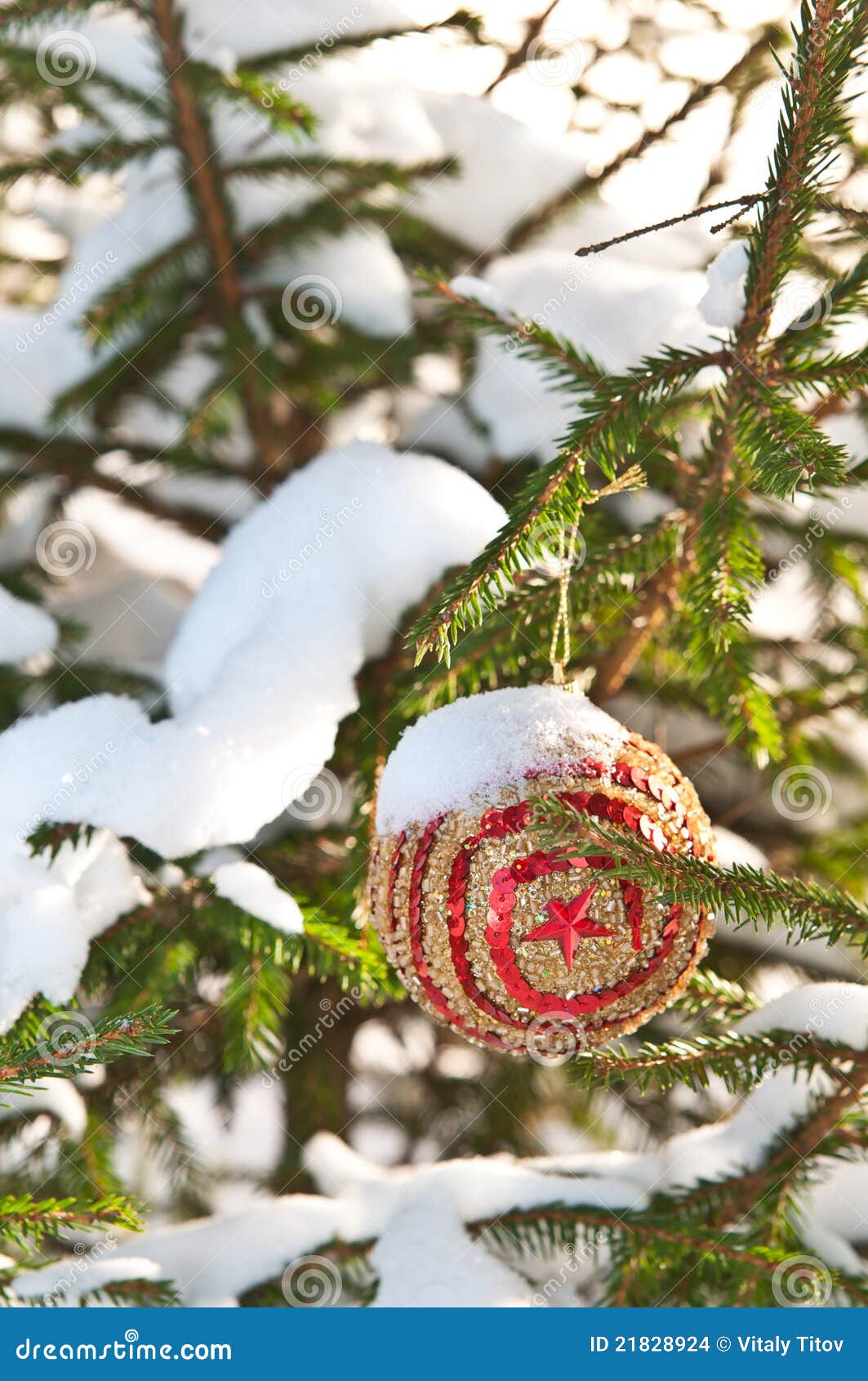 Snowy Tree with Christmas Decoration Stock Photo - Image of celebration ...