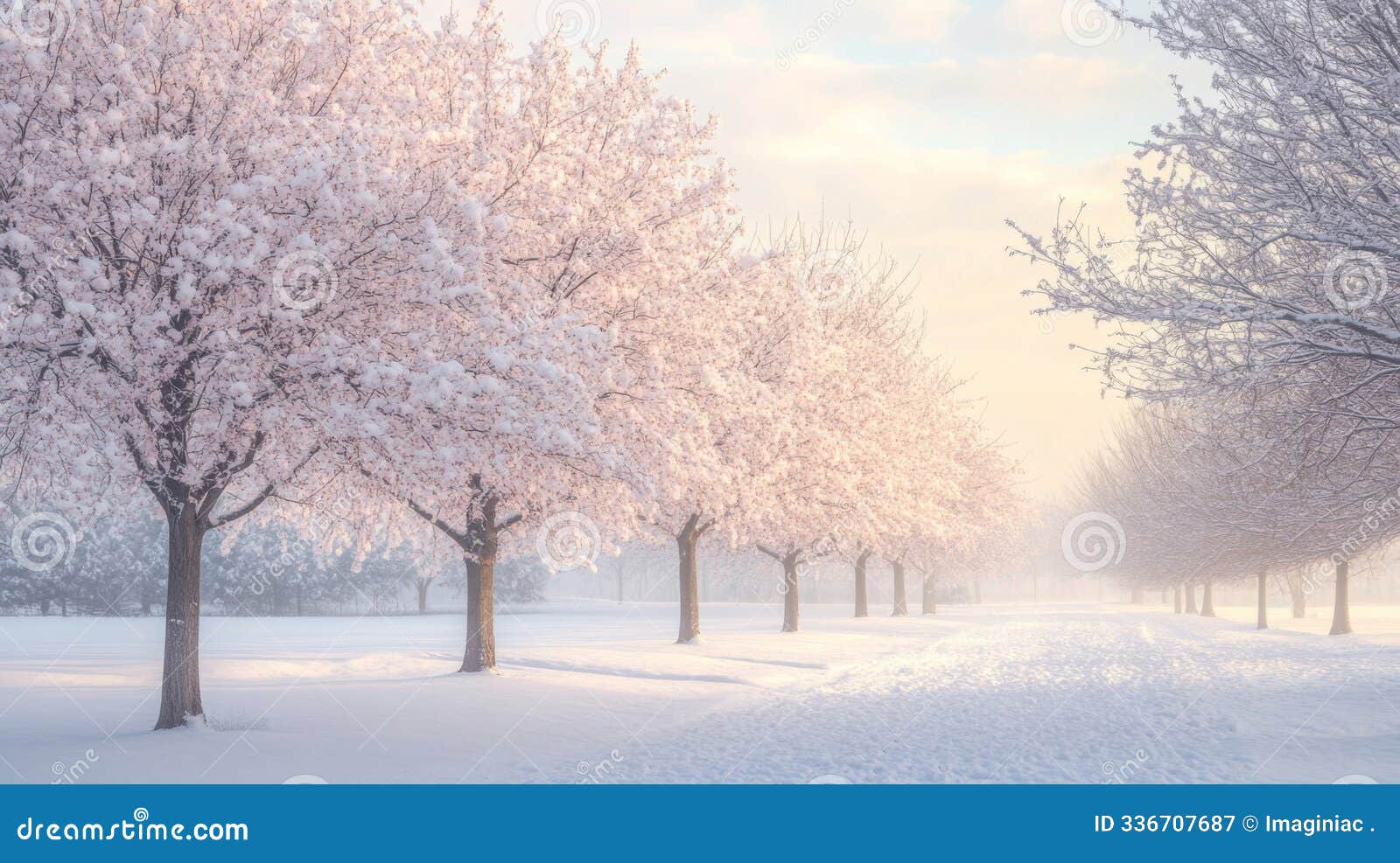 Snowy Trees and Pathway Leading through Wintery Landscape Stock ...