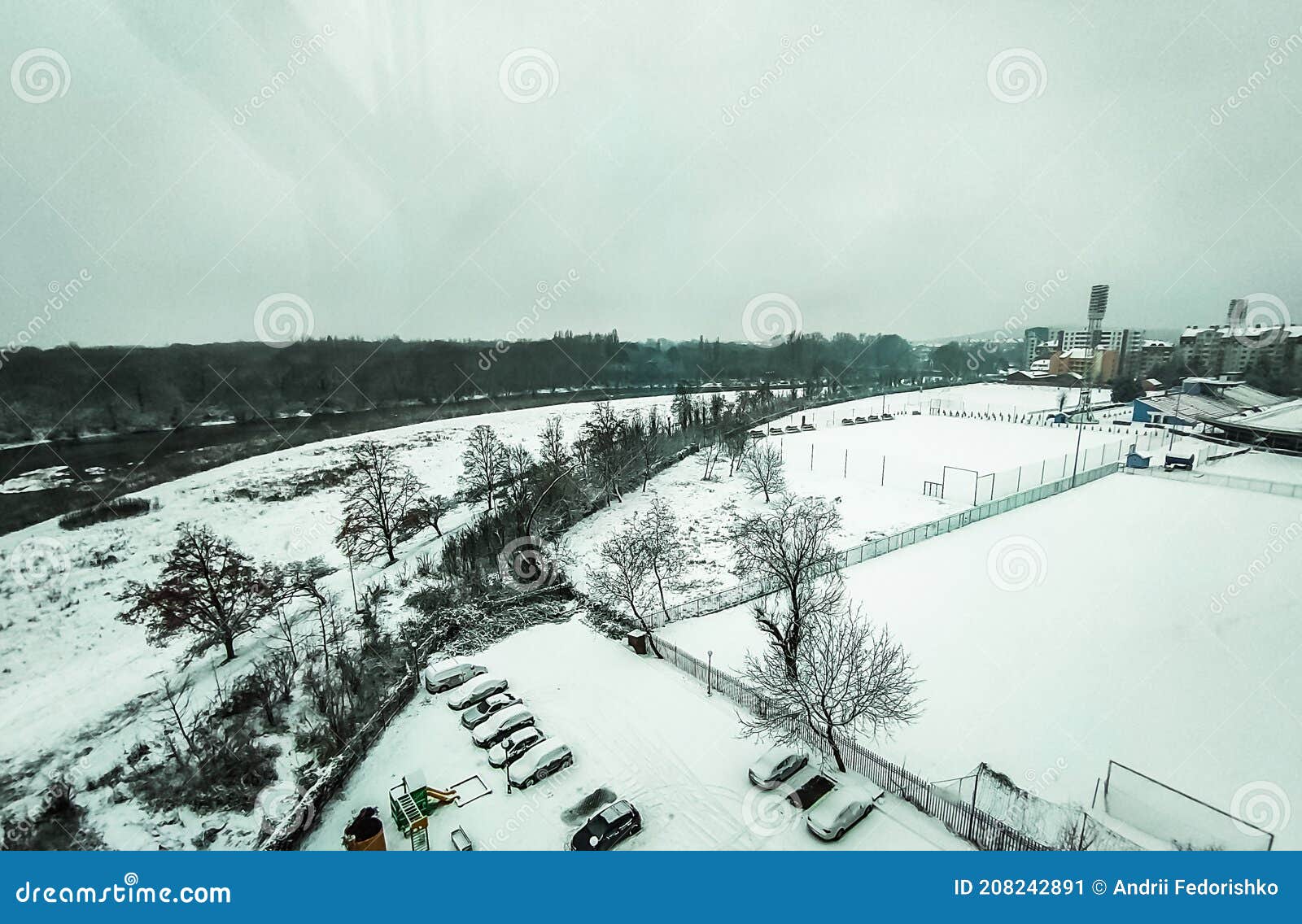 Snowy View on City and Park Stock Image - Image of poster, freezing ...
