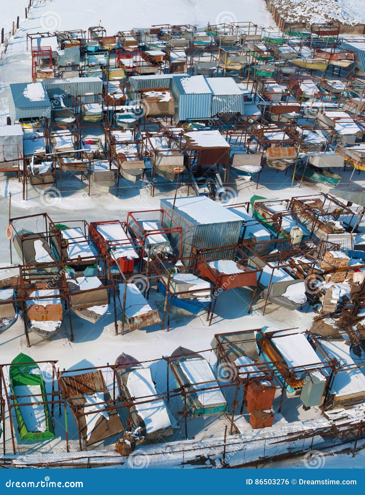 Snowy Winter Boat Dock. View from Above. Stock Photo - Image of ...