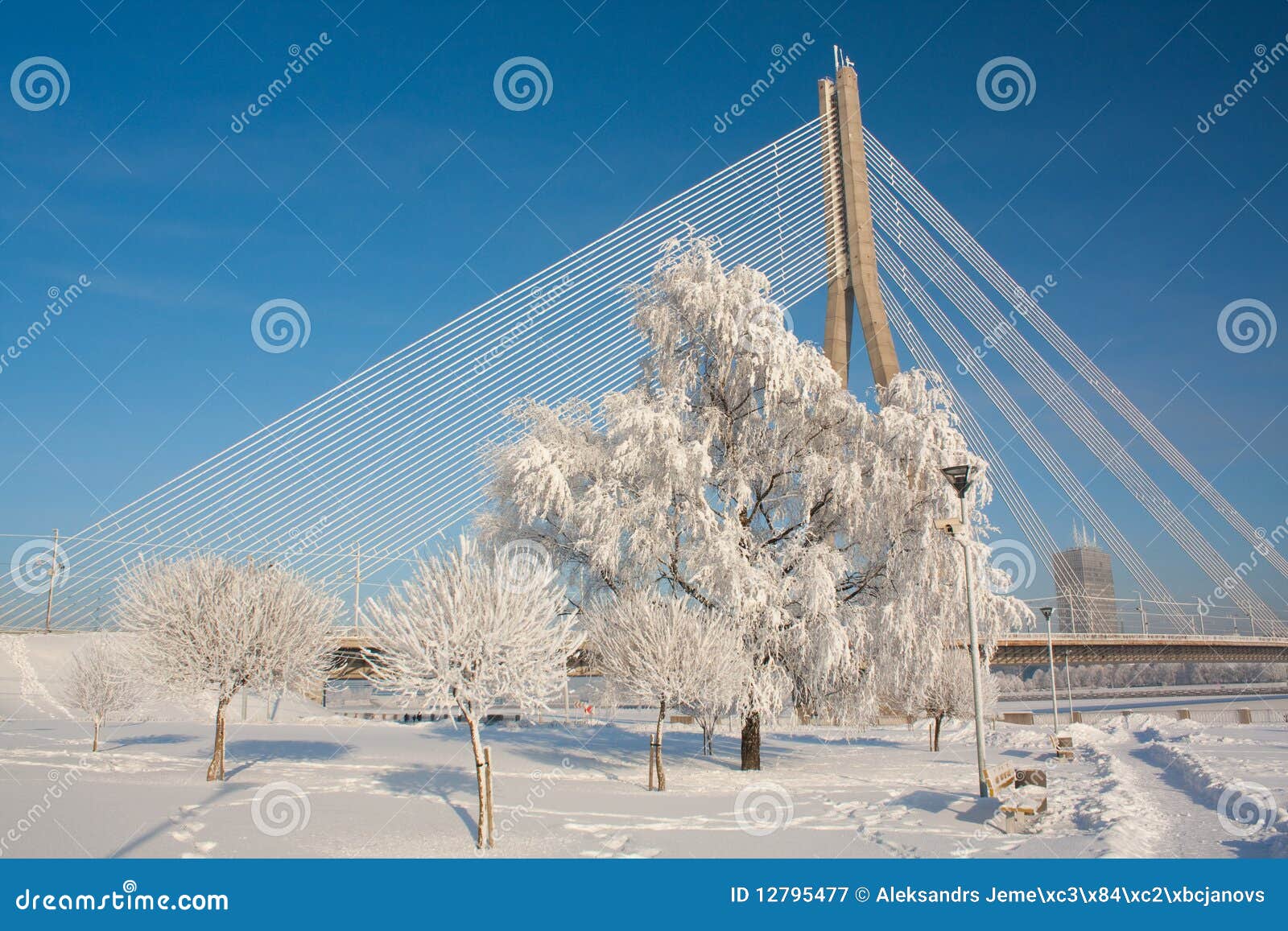 Snowy winter with bridge stock image. Image of landscape - 12795477