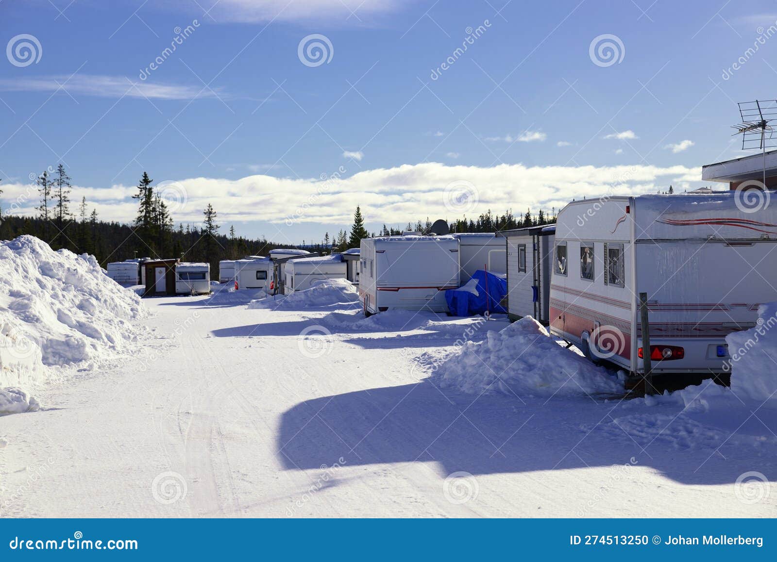 Snowy Winter Camping with Trailer Stock Photo - Image of journey ...