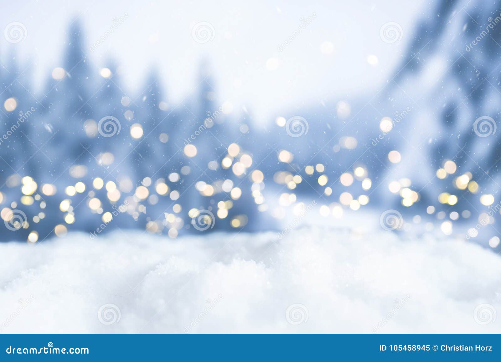 Snowy Winter Christmas Bokeh Background with Lights and Trees Stock ...