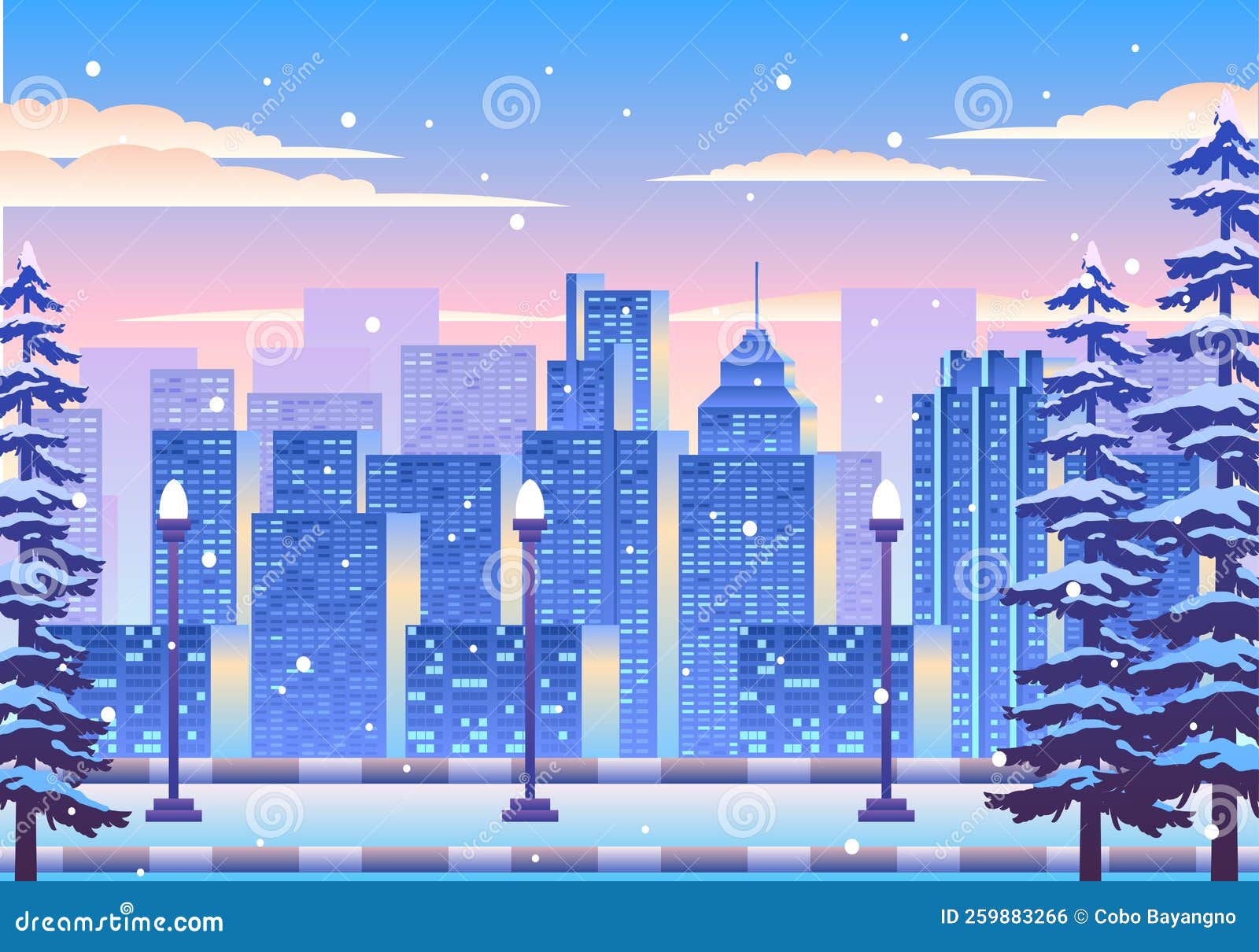 Snowy Winter City Landscape Illustration Stock Vector - Illustration of ...