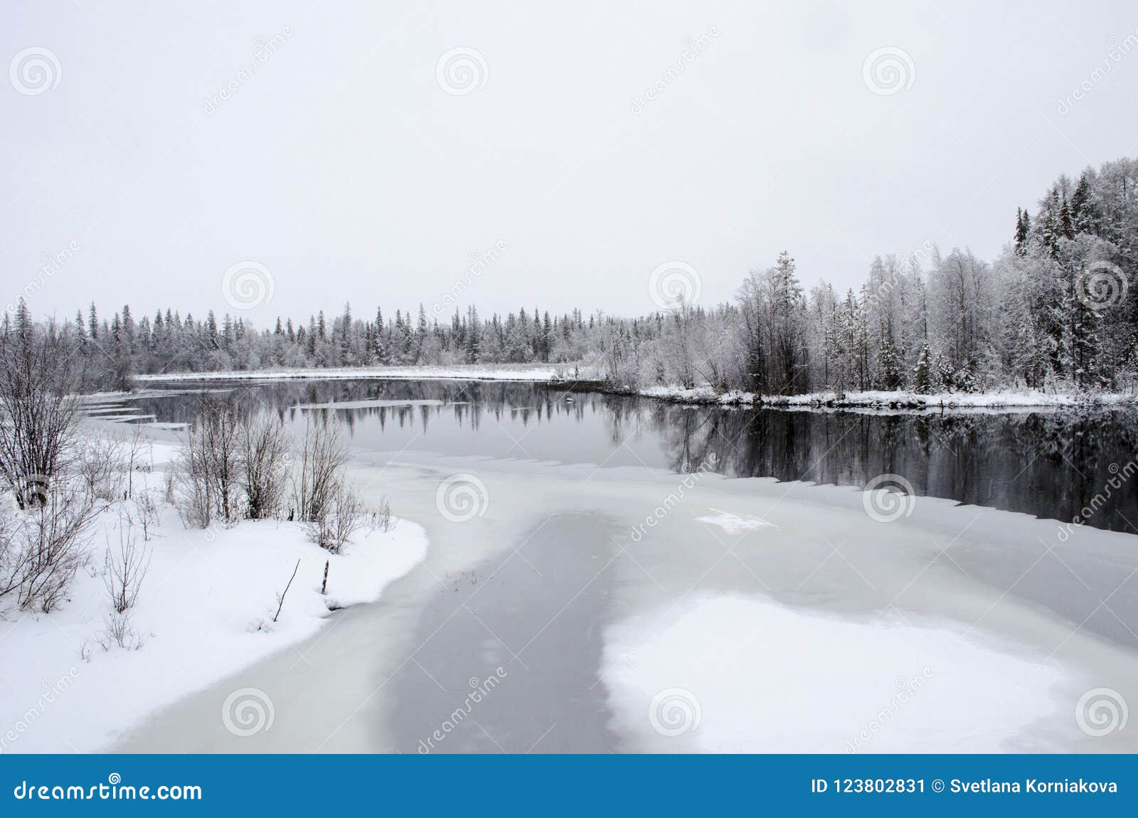 Snowy Winter Landscape River Reflection Stock Image - Image of tranquil ...