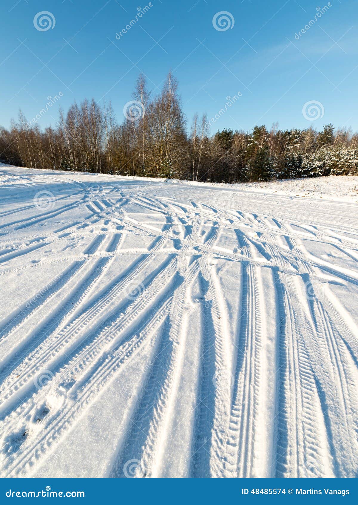 Snowy Winter Road with Tire Markings Stock Photo - Image of december ...