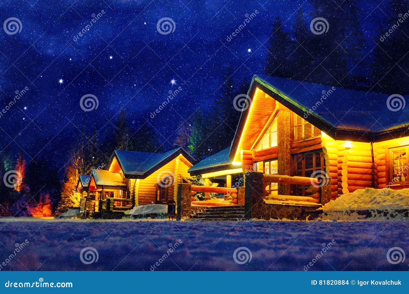 Snowy Winter Scene of a Cabin Stock Photo - Image of building, mountain ...
