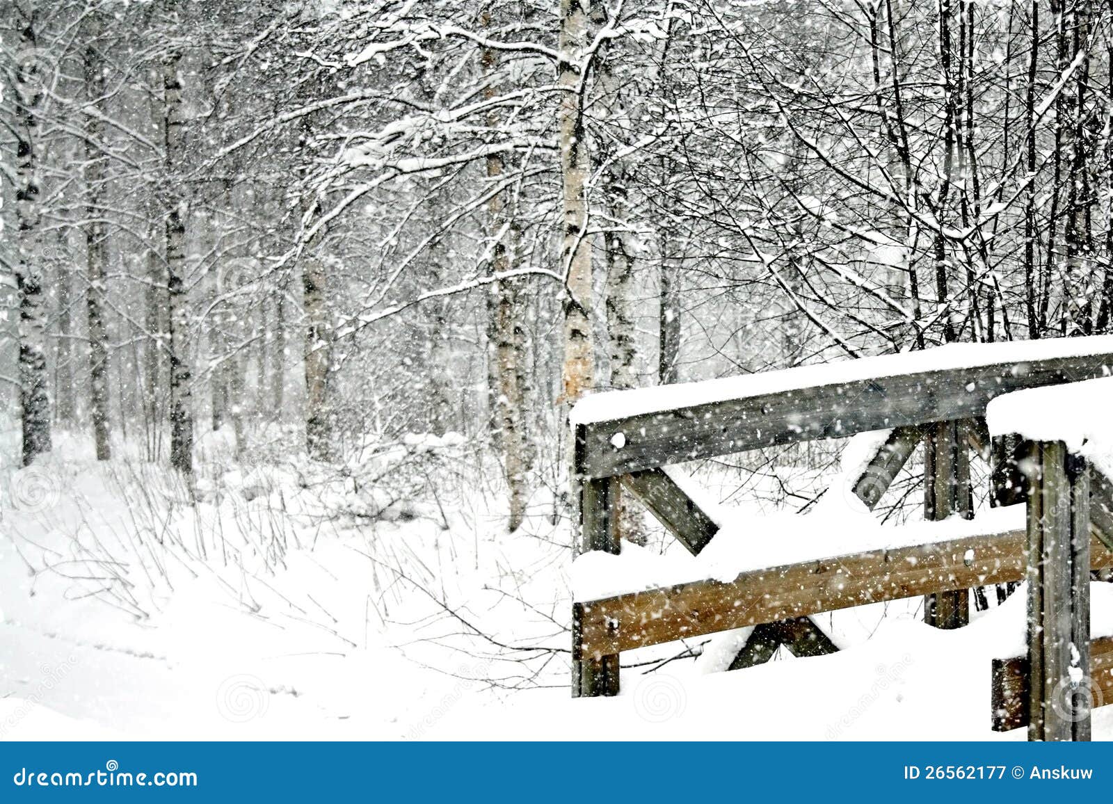Snowy Winter Scene with a Wooden Bridge Stock Image - Image of weather ...