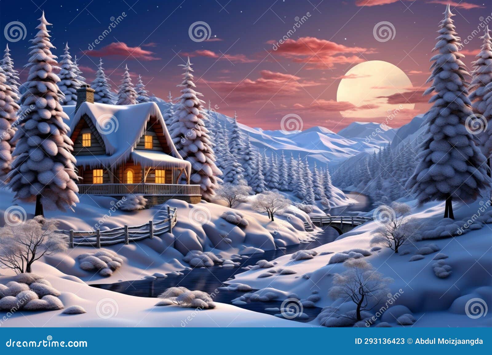 Snowy Winter Setting, a House Nestled in the Tranquil Landscape Stock ...