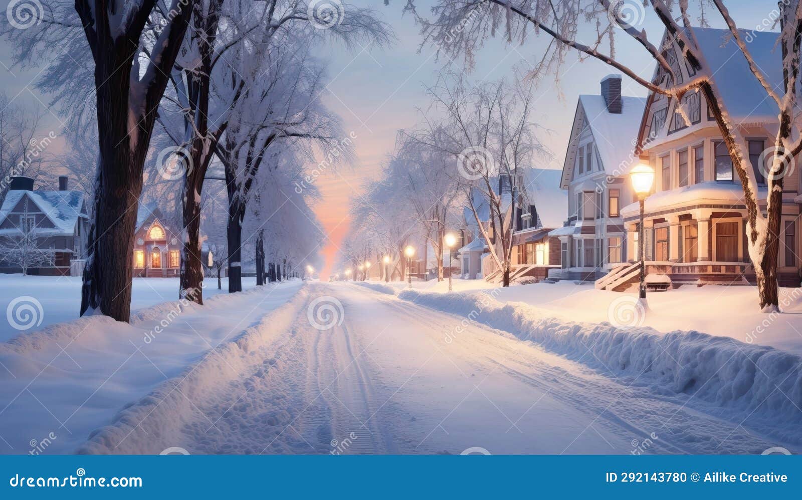 Snowy Winter Street with Trees and Street Lamps Stock Illustration ...