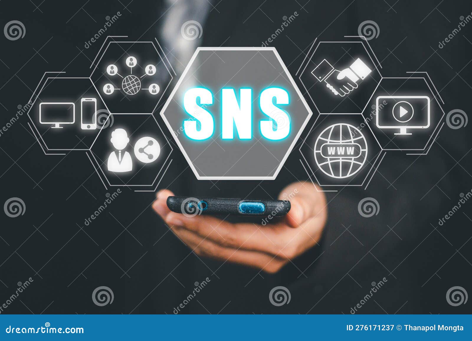 Person Hand Using Smartphone with SNS Icon on Virtual Screen Stock ...