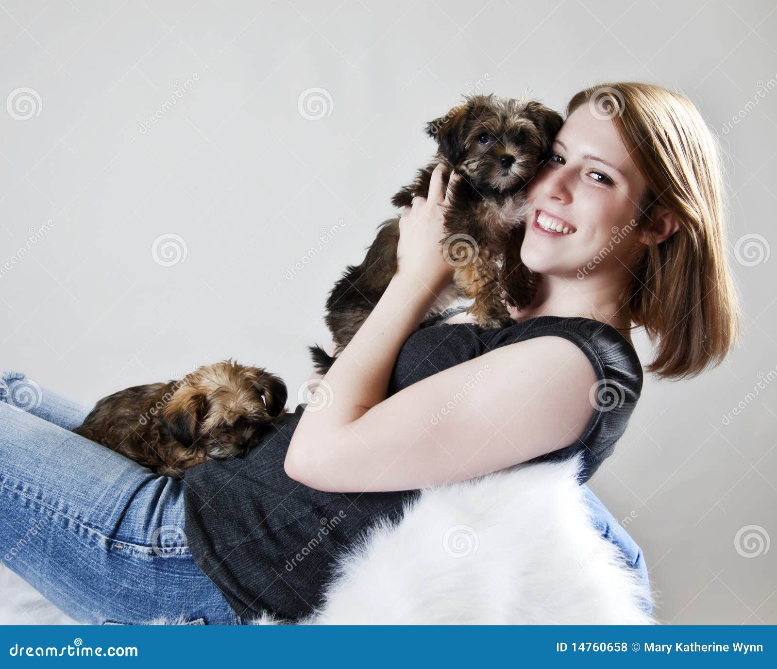 Snuggling with puppy stock photo. Image of family, shitzu - 14760658