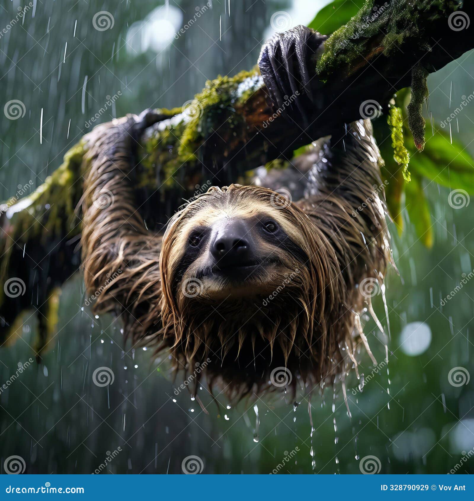 Soaked Sloth a Sloth Hanging Upside Down from a Wet Tree Branh Stock ...