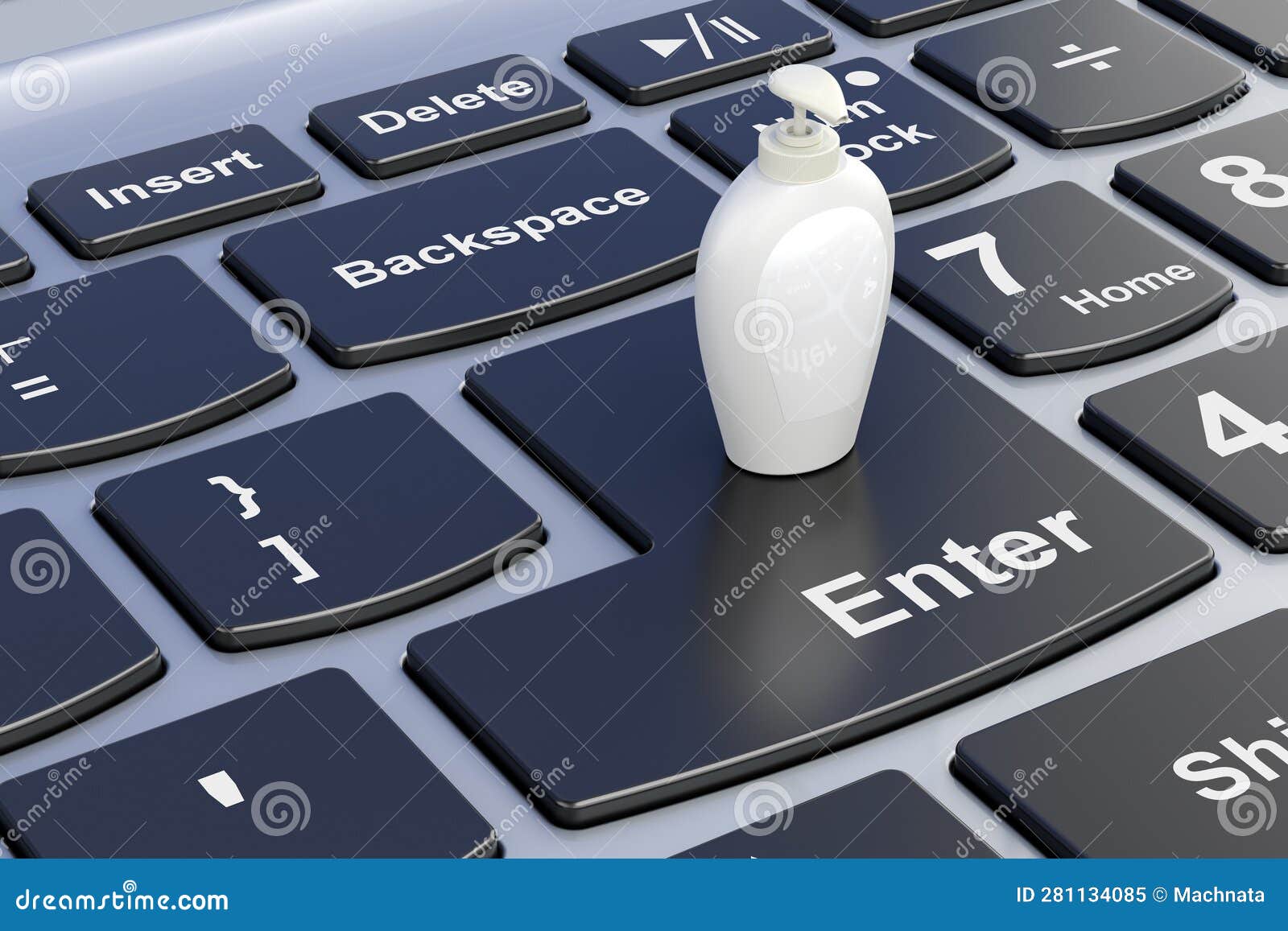 Soap Bottle Dispenser on Laptop Keyboard. 3D Rendering Stock ...